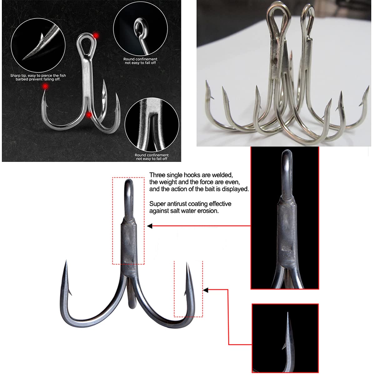 Fishing Treble Hook Strong Sharp 100pcs Triple Barbed Tackle Hooks Silvery Tuba High Carbon Super Sharp Solid riple Barbed Steel Fish Hooks Round Bend for Saltwater Freshwater Size 1 2 4 6 8 10 12