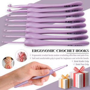 Coopay Purple Crochet Hooks Ergonomic Crochet Hook Set for Arthritic Hands, Lightweight Aluminum Crochet Needles for Crocheting Yarn, Knitting Hook Crochet Kit for Beginners Knitting Crochet Supplies