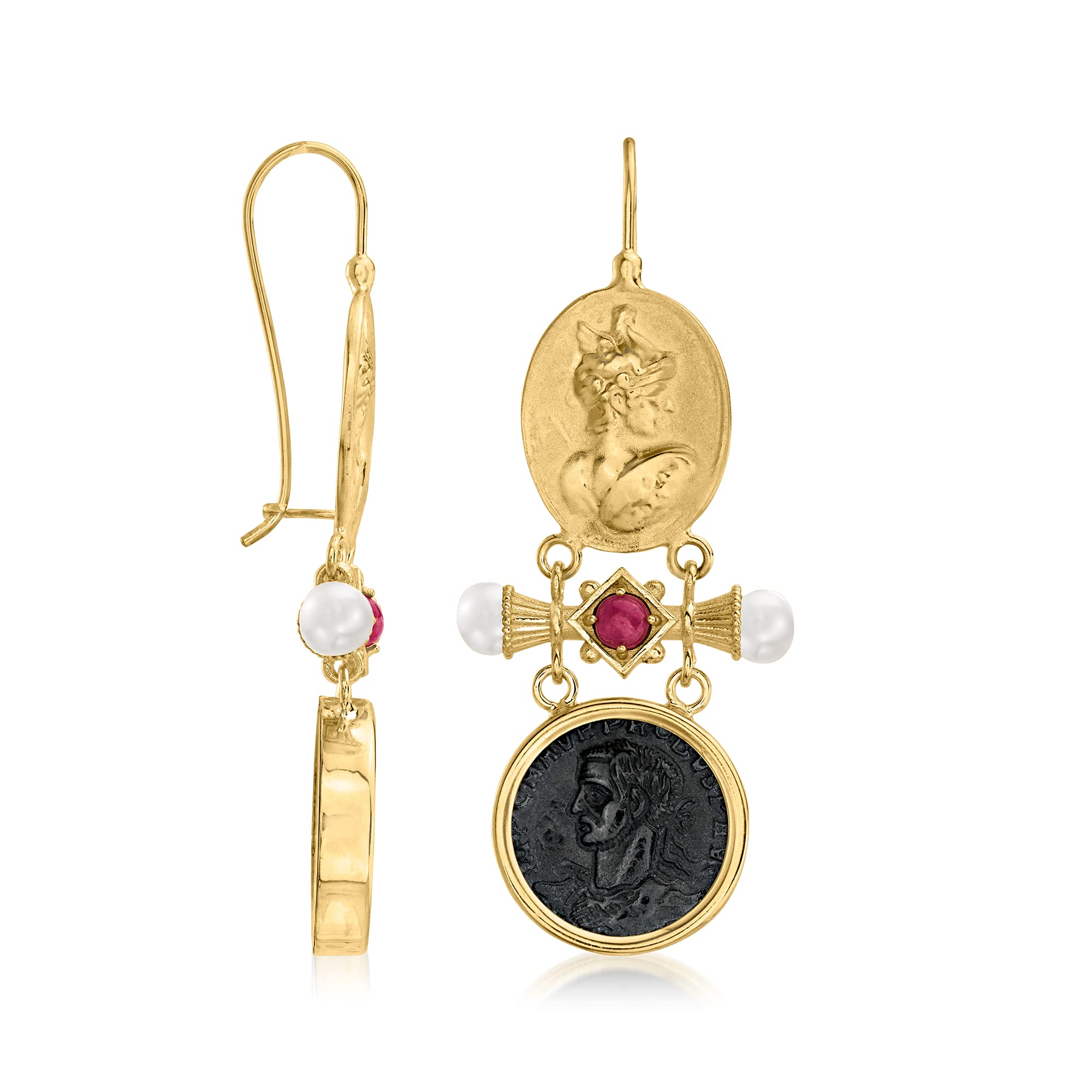 Ross-Simons Italian Tagliamonte Black Onyx and .60 ct. t.w. Ruby Drop Earrings With Cultured Pearls in 18kt Gold Over Sterling