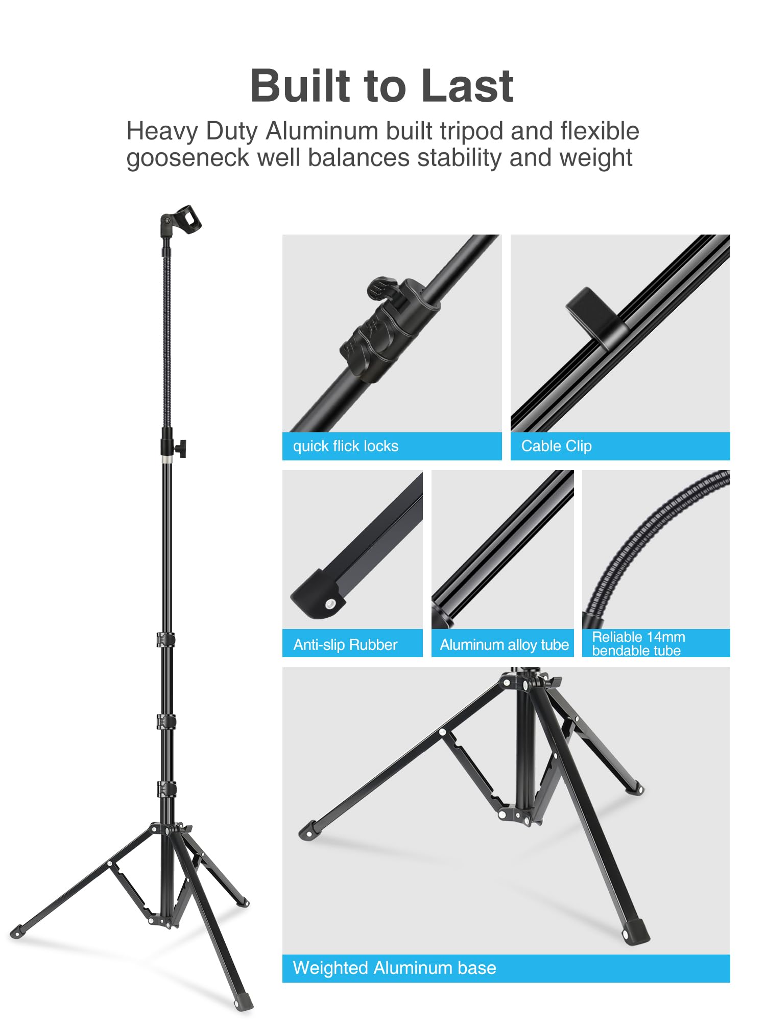 Elitehood Aluminum Foldable Microphone Stand, 82’’ Tall & Height Adjustable Mic Stand Boom, Microphone Tripod Stand with Mic Clip Holder for Singing, Performance, Karaoke, Speech, Stage and Outdoor