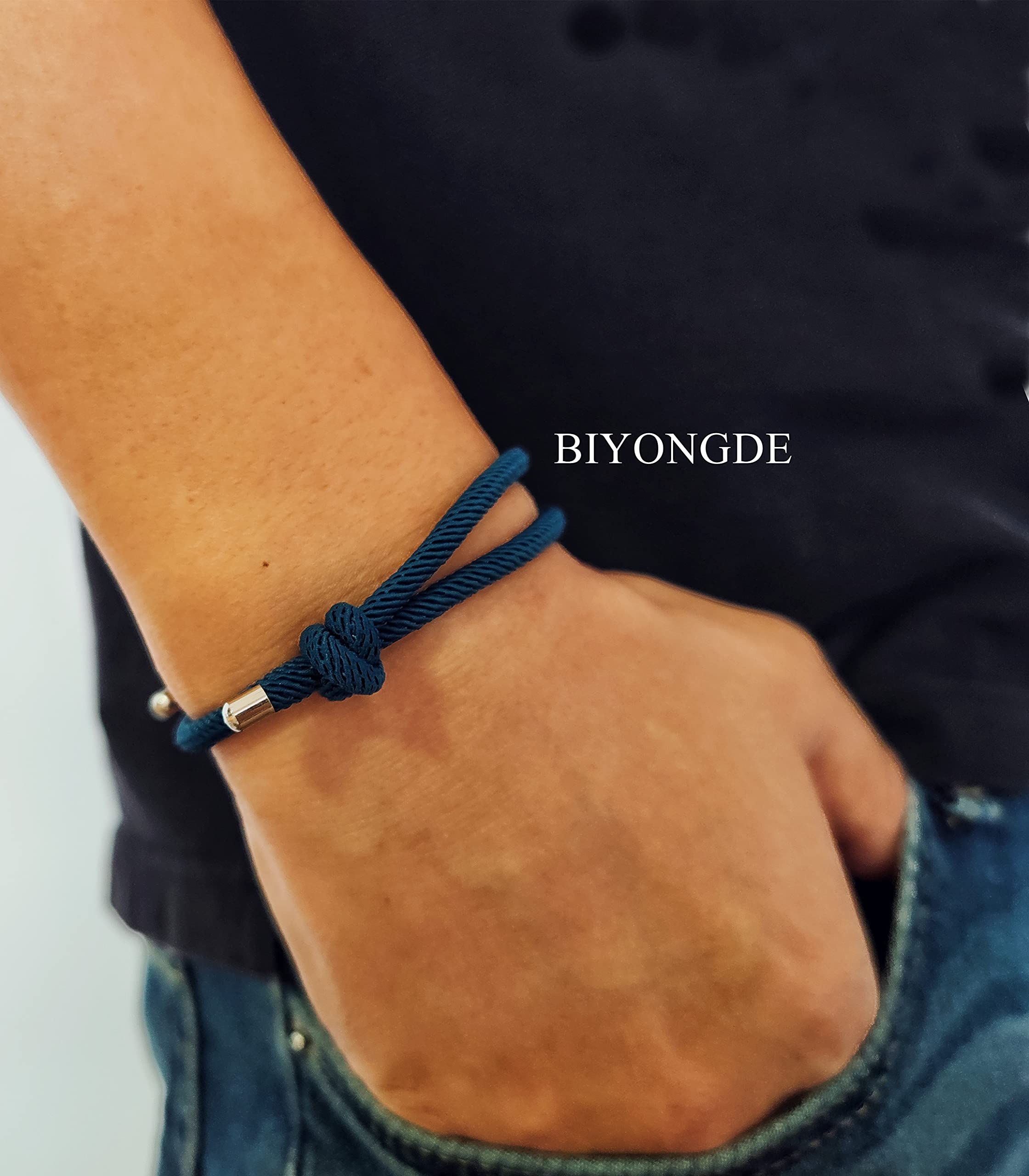 BIYONGDE Teal Blue Nautical Woven Friendship Rope Boho Bracelet Handmade Braided String Steel Charm Adjustable