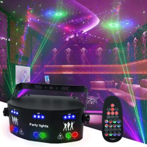 party lights, 15 eyes rgb dj disco lights, strobe stage light sound activated led projector with remote control and 125 projection effects for party bar christmas birthday wedding, dmx512 control