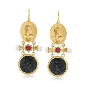 ross-simons italian tagliamonte black onyx and .60 ct. t.w. ruby drop earrings with cultured pearls in 18kt gold over sterling