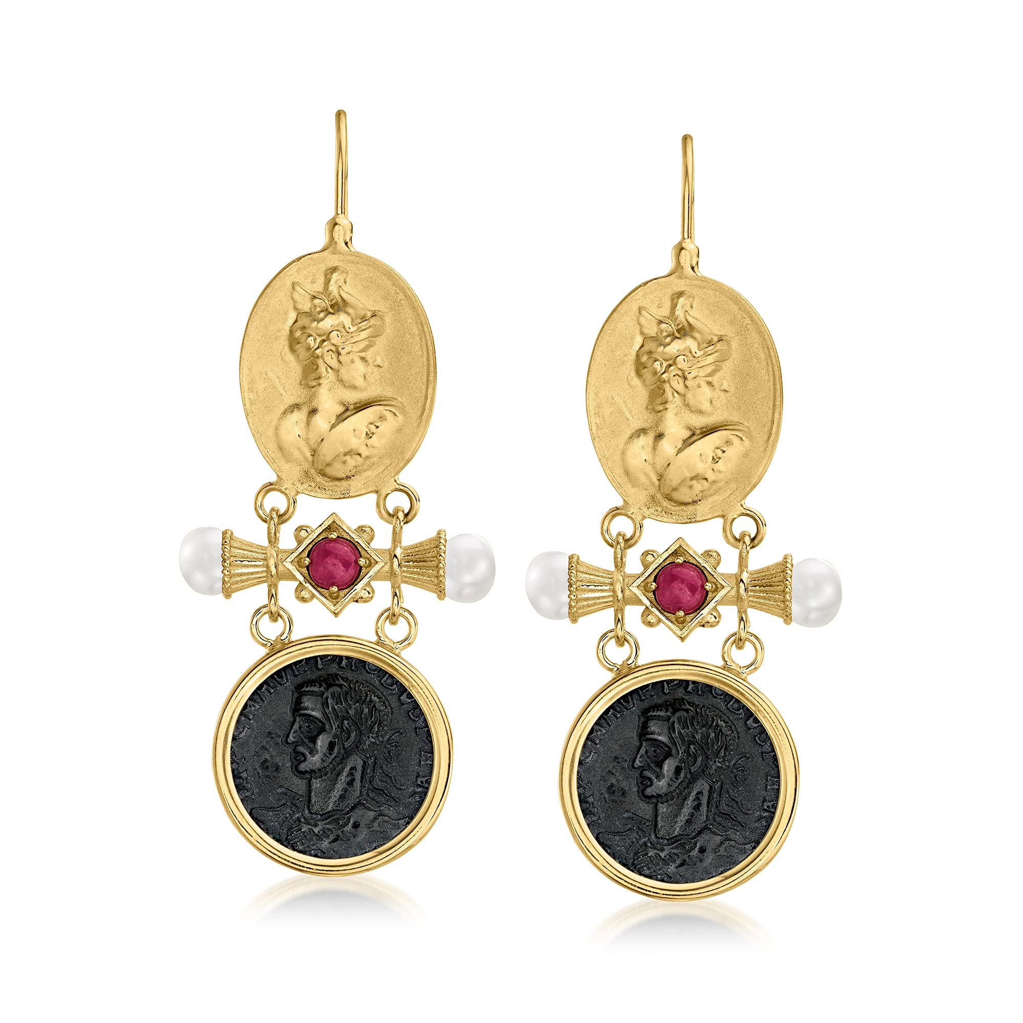 Ross-Simons Italian Tagliamonte Black Onyx and .60 ct. t.w. Ruby Drop Earrings With Cultured Pearls in 18kt Gold Over Sterling