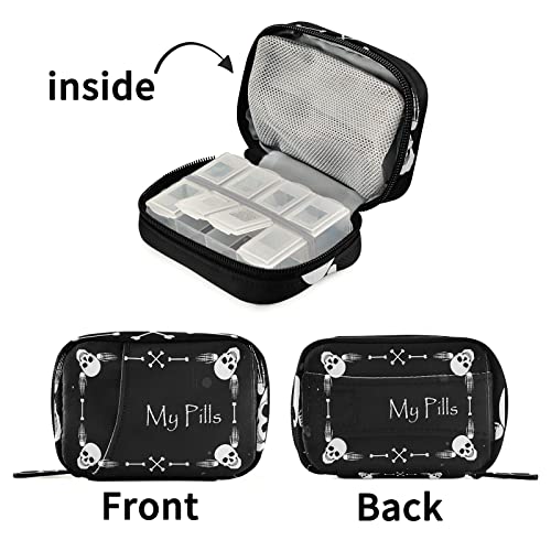 Naanle Halloween My Pill Box 7 Day Skull Pill Case Travel Pill Organizer Bag with Zipper Portable Weekly Case Compact Size for Vitamin Supplement Holder