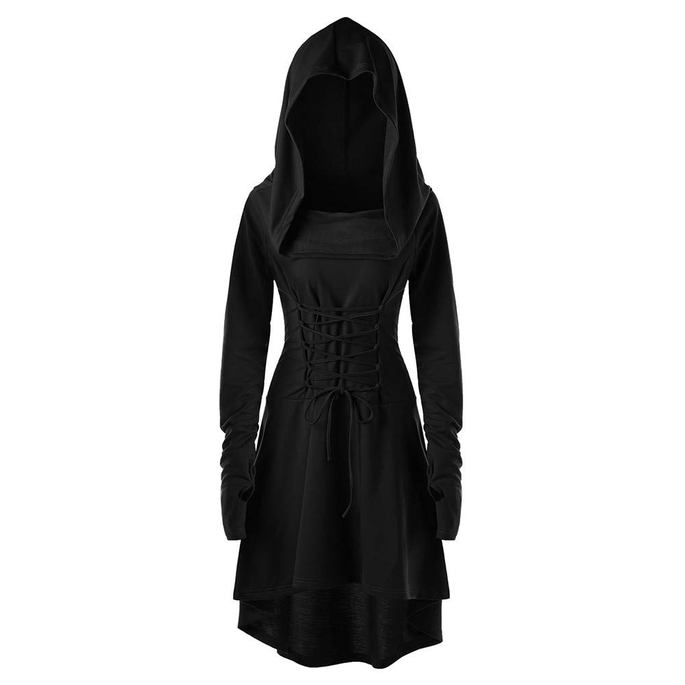 OIUCVGB Womens Renaissance Costumes Hooded Robe Lace Up Vintage Pullover High Low Long Hoodie Dress Cloak