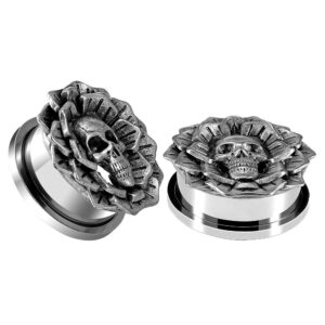 cooear skull flower ear gauges piercing tunnels flesh plugs screw back silver stretchers expander 2g to 1 inch.