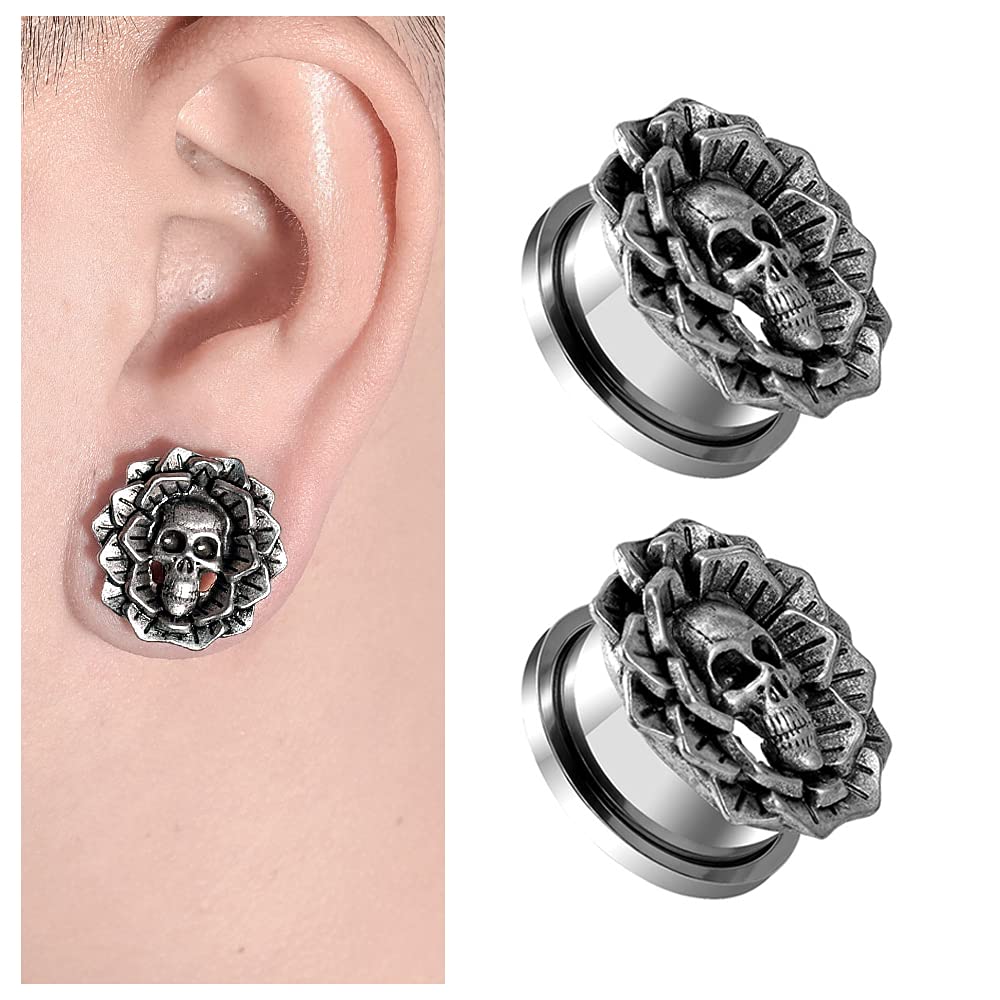 COOEAR Skull Flower Ear Gauges Piercing Tunnels Flesh Plugs Screw Back Silver Stretchers Expander 2g to 1 inch.