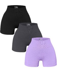 oqq women's 3 piece yoga shorts ribbed seamless workout high waist athletic leggings black grey lavender