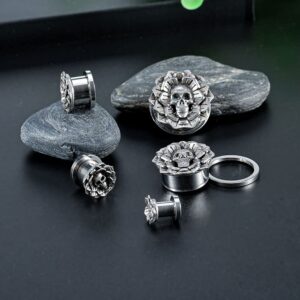 COOEAR Skull Flower Ear Gauges Piercing Tunnels Flesh Plugs Screw Back Silver Stretchers Expander 2g to 1 inch.