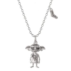 harry potter dobby house elf and sock necklace, silver plated, 18"