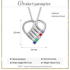 Jeweidea Personalized Heart Necklace with 2-6 Simulated Birthstones Custom Name Mother Daughter Chain Pendant for Women Mom Birthday (5 Names)