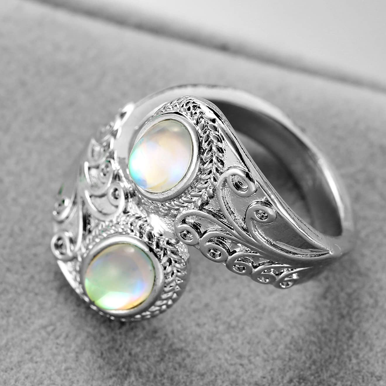 hsiyyecg Moonstone Ring Colorful Oval Retro Exaggerated Carved Punk Style Women's Boho Chic Art Deco Ring (US Size 9)