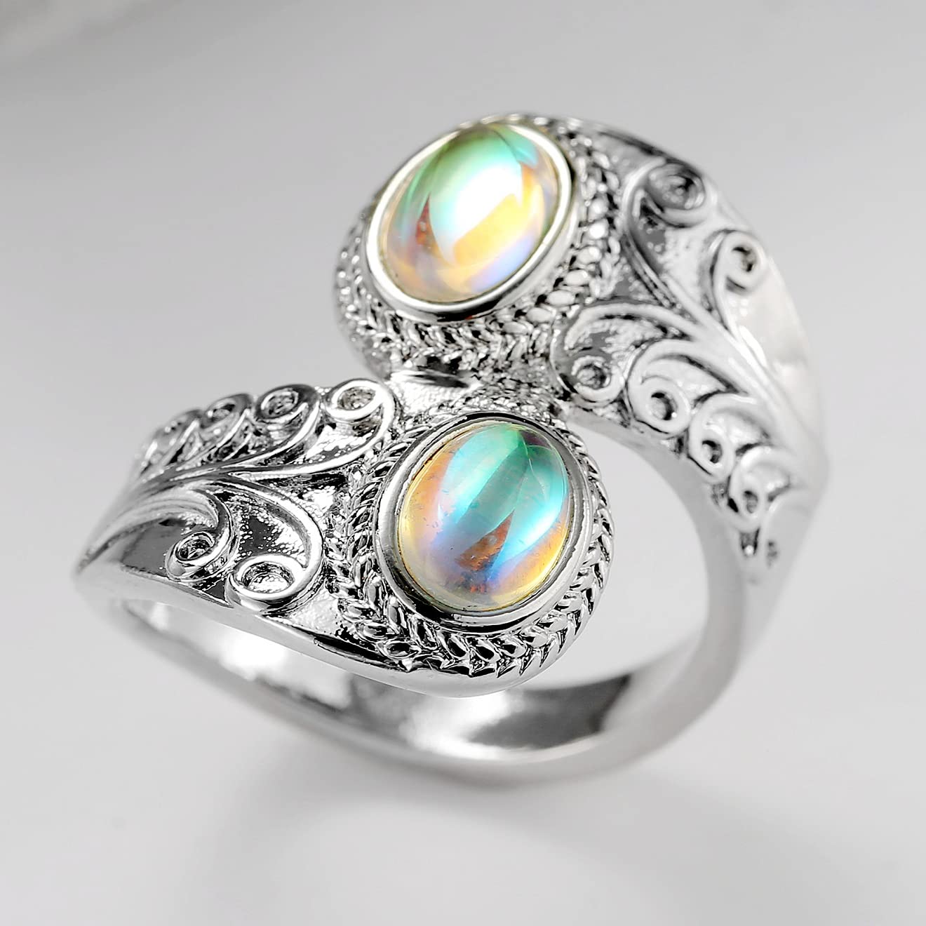 hsiyyecg Moonstone Ring Colorful Oval Retro Exaggerated Carved Punk Style Women's Boho Chic Art Deco Ring (US Size 9)