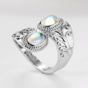 hsiyyecg Moonstone Ring Colorful Oval Retro Exaggerated Carved Punk Style Women's Boho Chic Art Deco Ring (US Size 9)