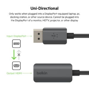 Belkin HDMI to DisplayPort Adapter, DisplayPort 1.2 to HDMI 2.0 Converter - Compatible with 4K 60fps, HDR & HDR10 Monitors, Projectors, and HDTVs - Uni-Directional DisplayPort to HDMI Adapter Cable