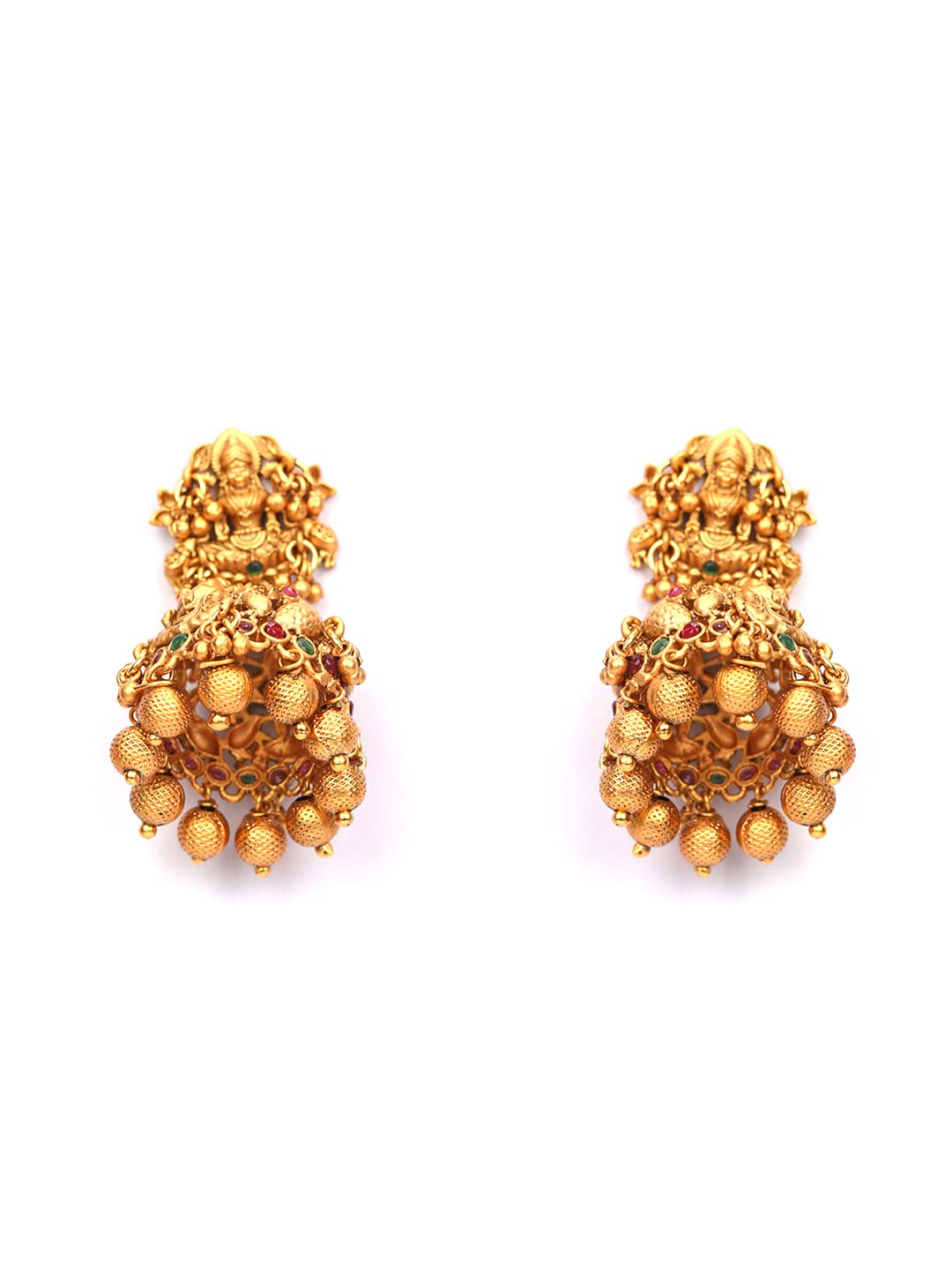 Priyaasi Golden Traditional Indian Jhumka Earring for Women | Goddess Design | Kemp Stone-Studded | Gold Plated | Pushback Closure | Bridal Earring for Wedding & Puja