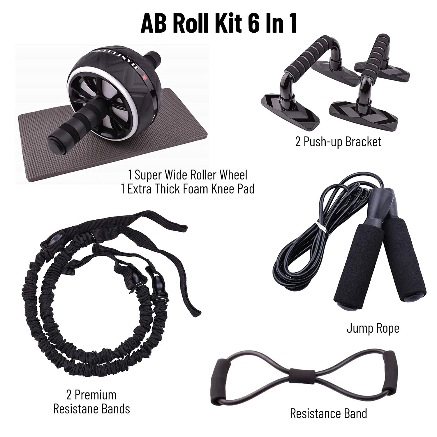 TRAKK SPORT 6 In 1 Exercise Equipment Set with Ab Wheel, Handle Grips, Resistance Bands, Knee Pad, Jump Rope, and Pushup Bars for Full Body Workouts