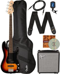 fender squier affinity precision bass pj - 3-color sunburst bundle with rumble 15 amplifier, instrument cable, gig bag, tuner, strap, and austin bazaar instructional dvd