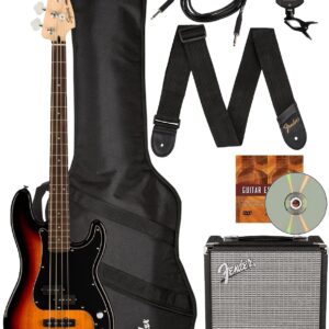 Fender Squier Affinity Precision Bass PJ - 3-Color Sunburst Bundle with Rumble 15 Amplifier, Instrument Cable, Gig Bag, Tuner, Strap, and Austin Bazaar Instructional DVD