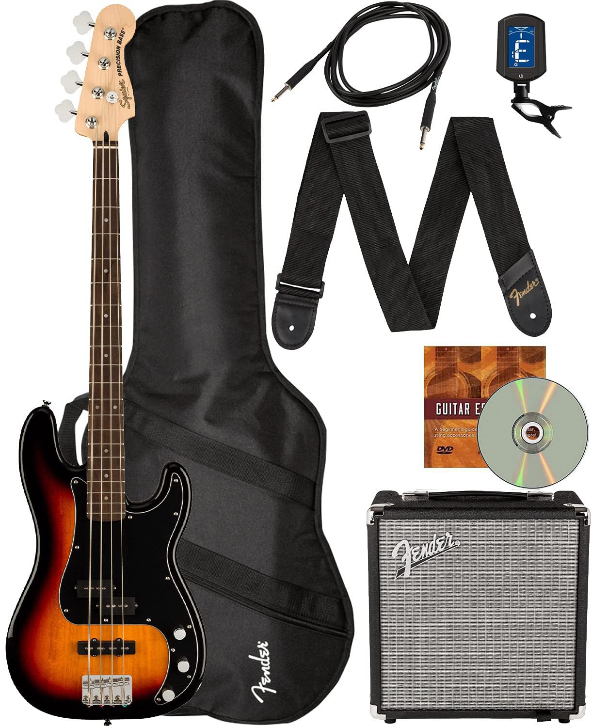 Fender Squier Affinity Precision Bass PJ - 3-Color Sunburst Bundle with Rumble 15 Amplifier, Instrument Cable, Gig Bag, Tuner, Strap, and Austin Bazaar Instructional DVD