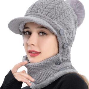 Women One Piece Slouchy Fleece Beanie Hats Scarf Mask Warm Winter Knitted Hat Thick Skull Ski Cap