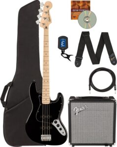 fender affinity jazz bass - black bundle with rumble 15 amplifier, instrument cable, gig bag, tuner, strap, and austin bazaar instructional dvd