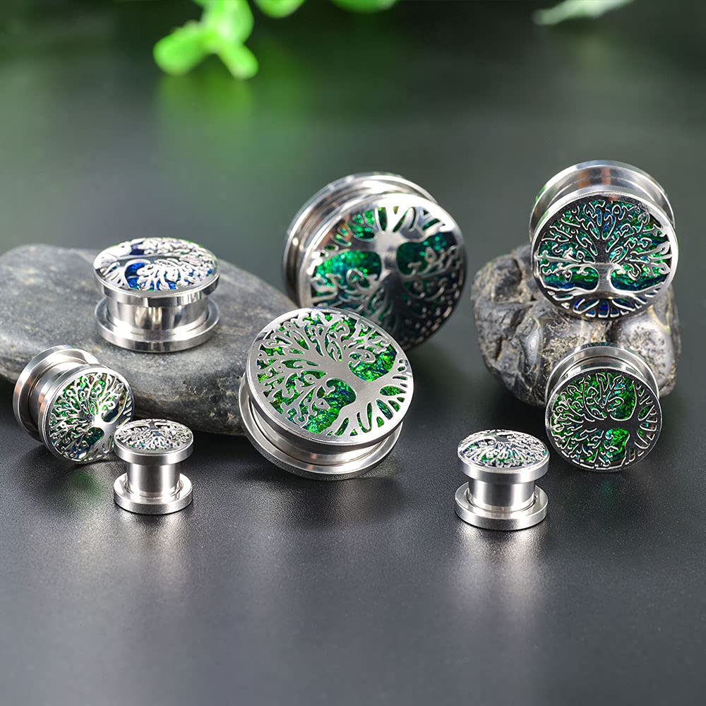 COOEAR Fake Opal Life Tree Gauges for Ears Silver Screw Back Upgrade Plugs and Tunnels Flesh Stretchers 0g to 1 Inch.