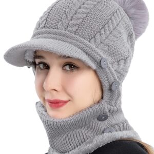 Women One Piece Slouchy Fleece Beanie Hats Scarf Mask Warm Winter Knitted Hat Thick Skull Ski Cap