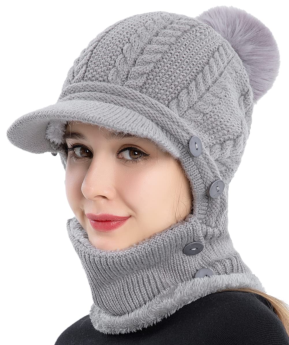 Women One Piece Slouchy Fleece Beanie Hats Scarf Mask Warm Winter Knitted Hat Thick Skull Ski Cap