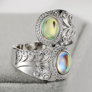 hsiyyecg Moonstone Ring Colorful Oval Retro Exaggerated Carved Punk Style Women's Boho Chic Art Deco Ring (US Size 9)