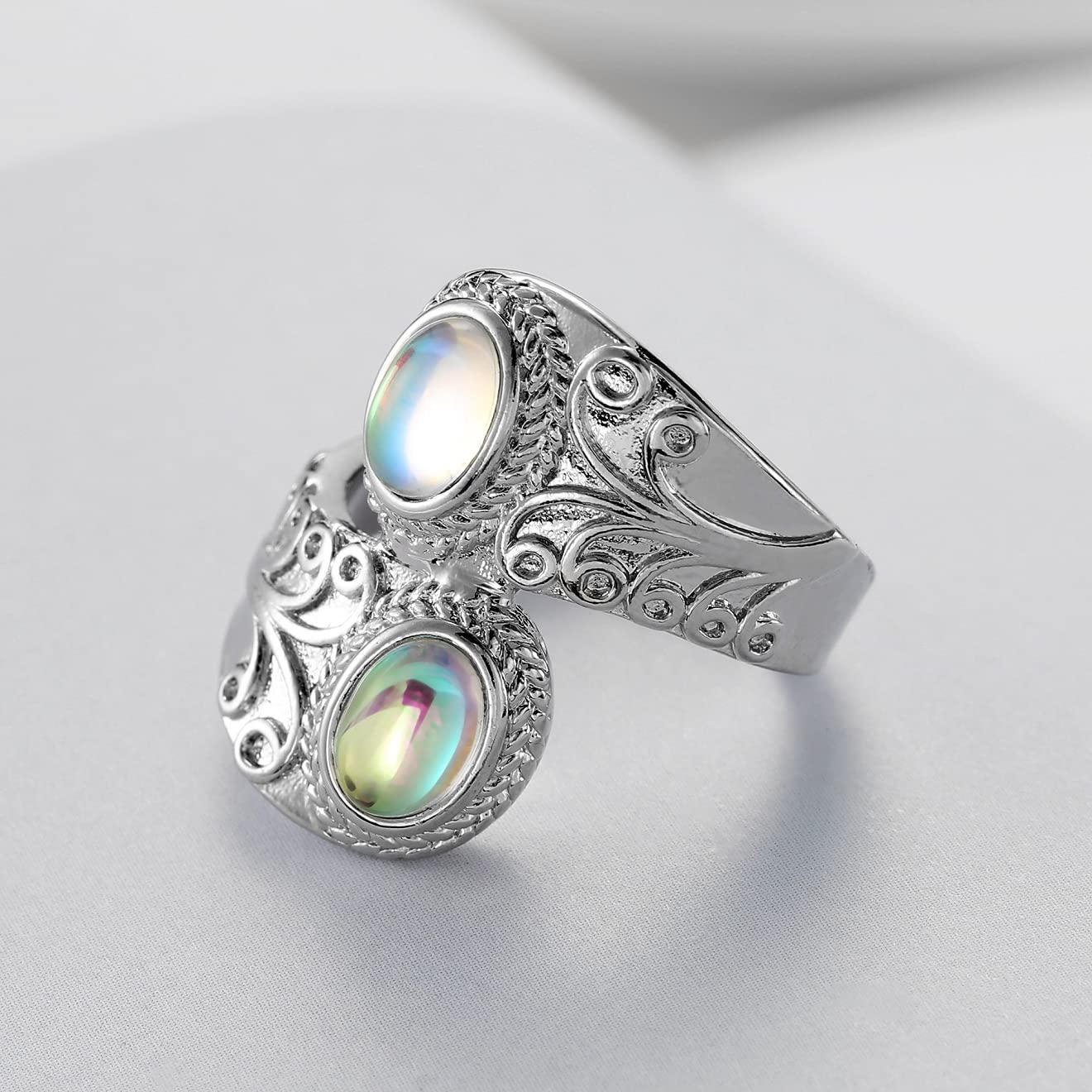 hsiyyecg Moonstone Ring Colorful Oval Retro Exaggerated Carved Punk Style Women's Boho Chic Art Deco Ring (US Size 9)