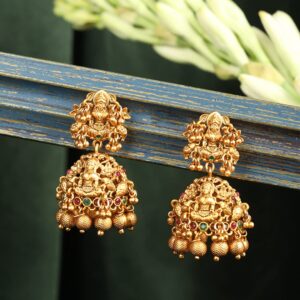 Priyaasi Golden Traditional Indian Jhumka Earring for Women | Goddess Design | Kemp Stone-Studded | Gold Plated | Pushback Closure | Bridal Earring for Wedding & Puja