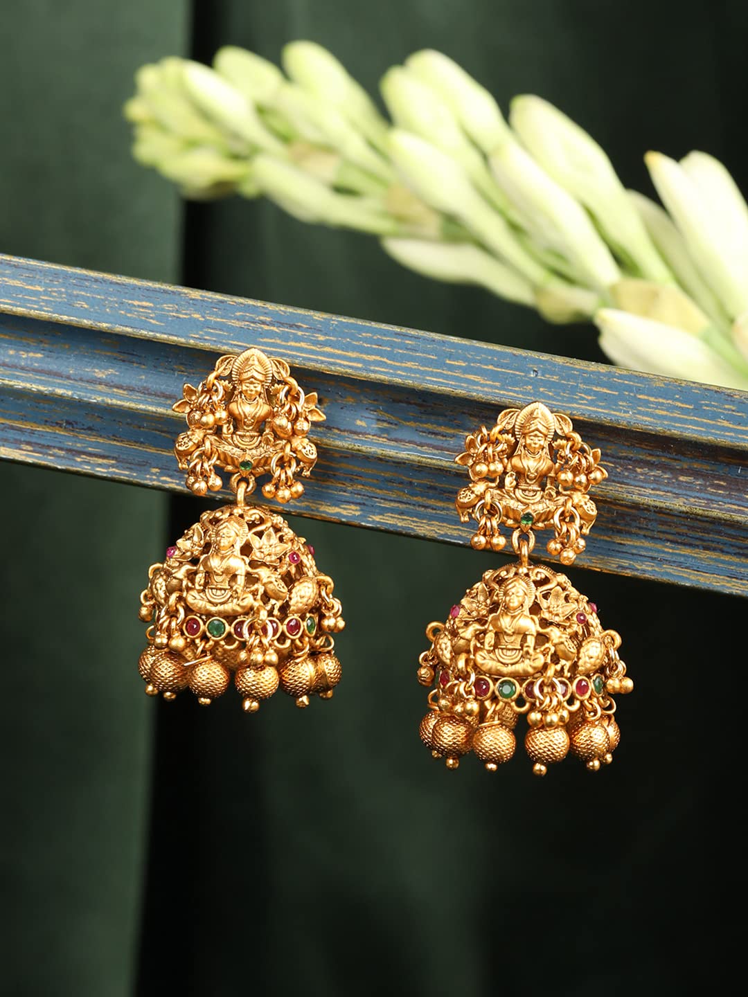 Priyaasi Golden Traditional Indian Jhumka Earring for Women | Goddess Design | Kemp Stone-Studded | Gold Plated | Pushback Closure | Bridal Earring for Wedding & Puja