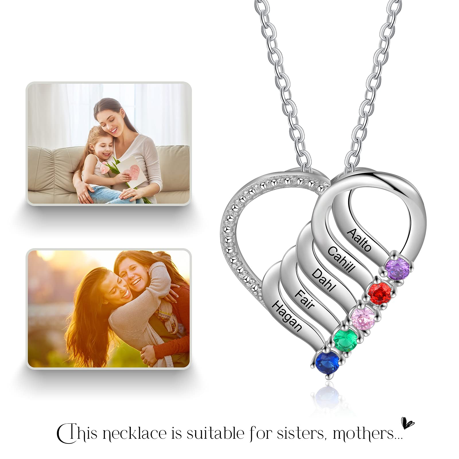 Jeweidea Personalized Heart Necklace with 2-6 Simulated Birthstones Custom Name Mother Daughter Chain Pendant for Women Mom Birthday (5 Names)