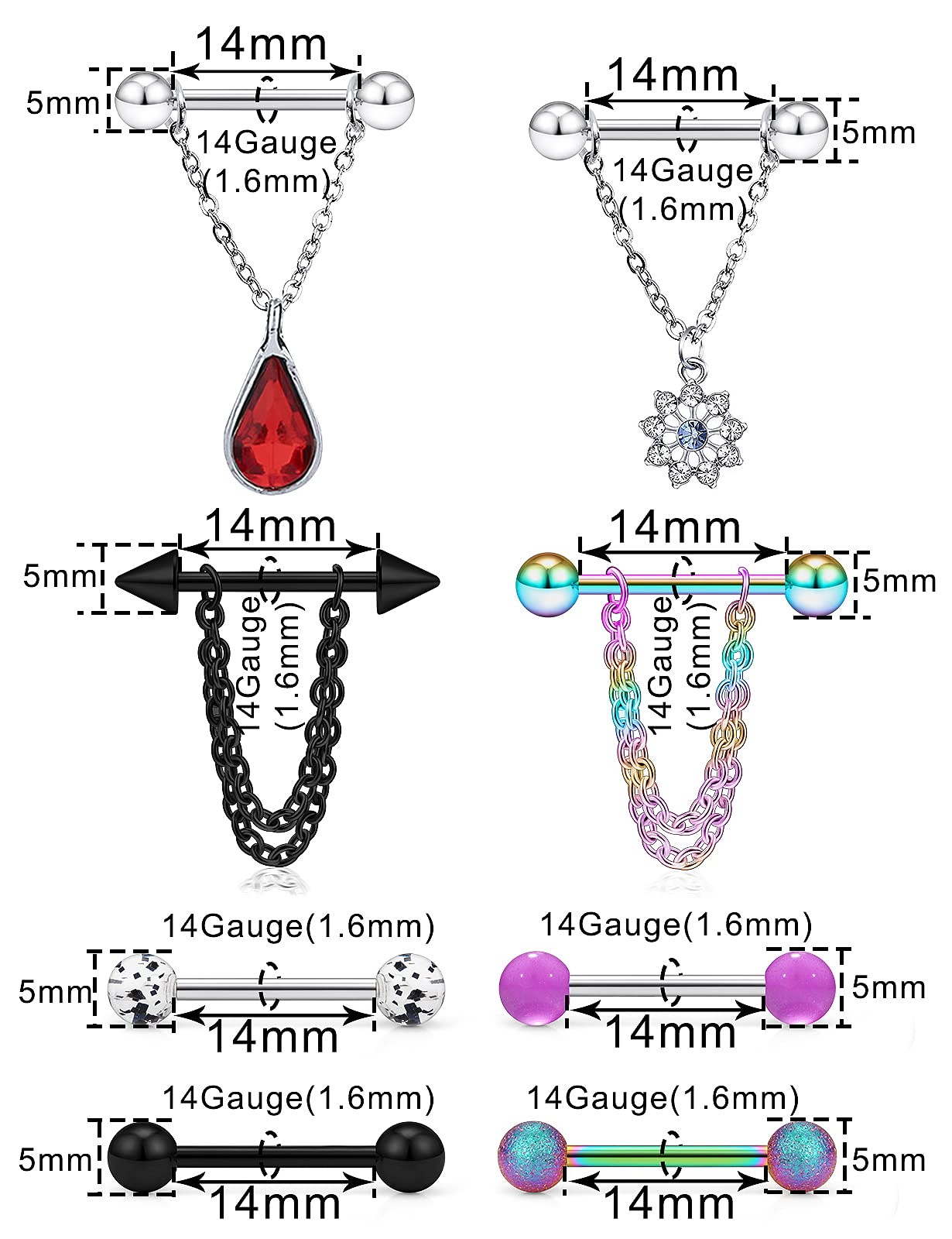 Ylqjksk Nipple Rings 14G Surgical Steel Nipple Piercing Jewelry for Women Plastic Glow Dark Nipple Rings Acrylic CZ Diamonds Heart Chain Dangle Nipple Shield 14MM 9/16 Inch，Rainbow Purple Barbell