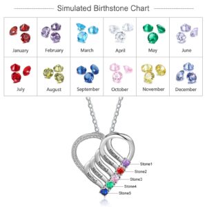 Jeweidea Personalized Heart Necklace with 2-6 Simulated Birthstones Custom Name Mother Daughter Chain Pendant for Women Mom Birthday (5 Names)