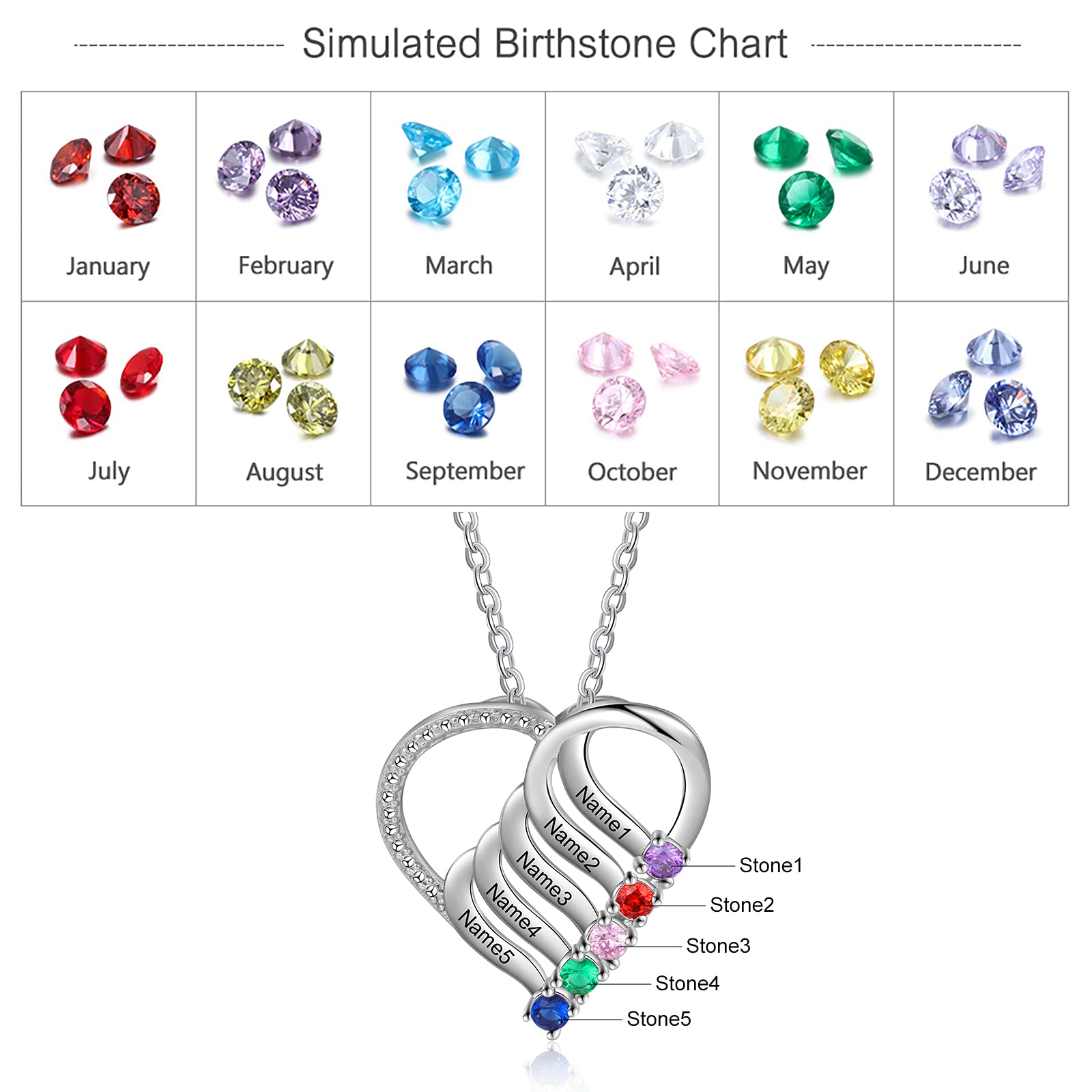 Jeweidea Personalized Heart Necklace with 2-6 Simulated Birthstones Custom Name Mother Daughter Chain Pendant for Women Mom Birthday (5 Names)