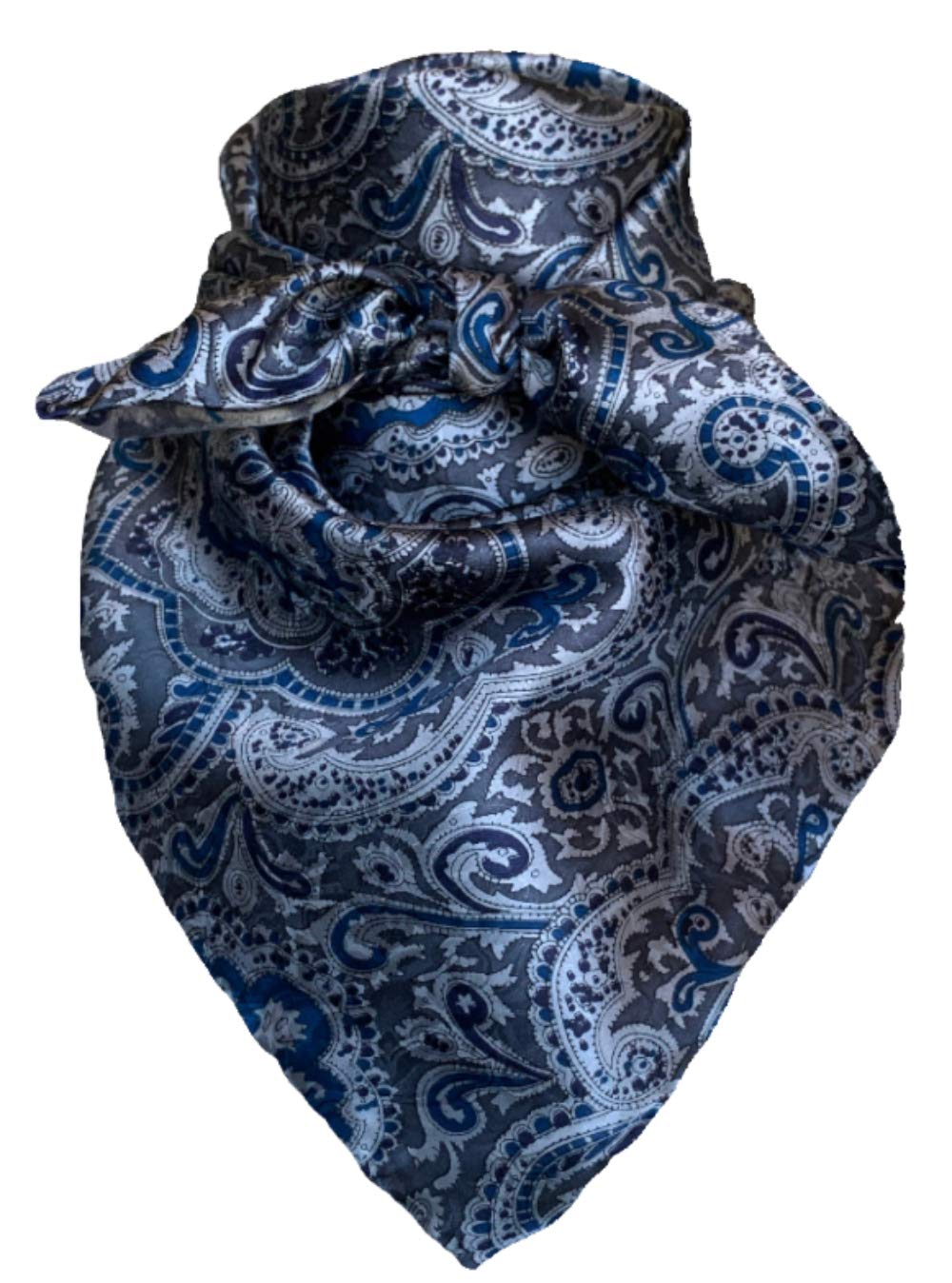 Wyoming Traders Paisley Cowboy Wild Rag 100% Silk Scarf Bandana Multiple Colors 34.5" (Blue/Silver)