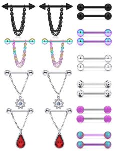 ylqjksk nipple rings 14g surgical steel nipple piercing jewelry for women plastic glow dark nipple rings acrylic cz diamonds heart chain dangle nipple shield 14mm 9/16 inch，rainbow purple barbell