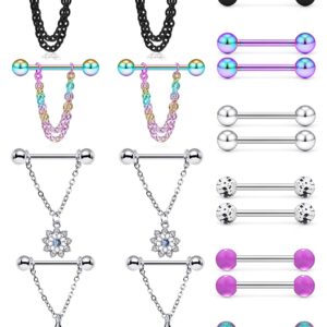 Ylqjksk Nipple Rings 14G Surgical Steel Nipple Piercing Jewelry for Women Plastic Glow Dark Nipple Rings Acrylic CZ Diamonds Heart Chain Dangle Nipple Shield 14MM 9/16 Inch，Rainbow Purple Barbell