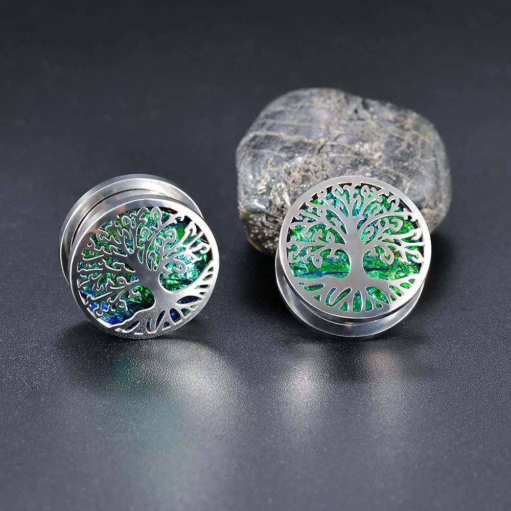 COOEAR Fake Opal Life Tree Gauges for Ears Silver Screw Back Upgrade Plugs and Tunnels Flesh Stretchers 0g to 1 Inch.