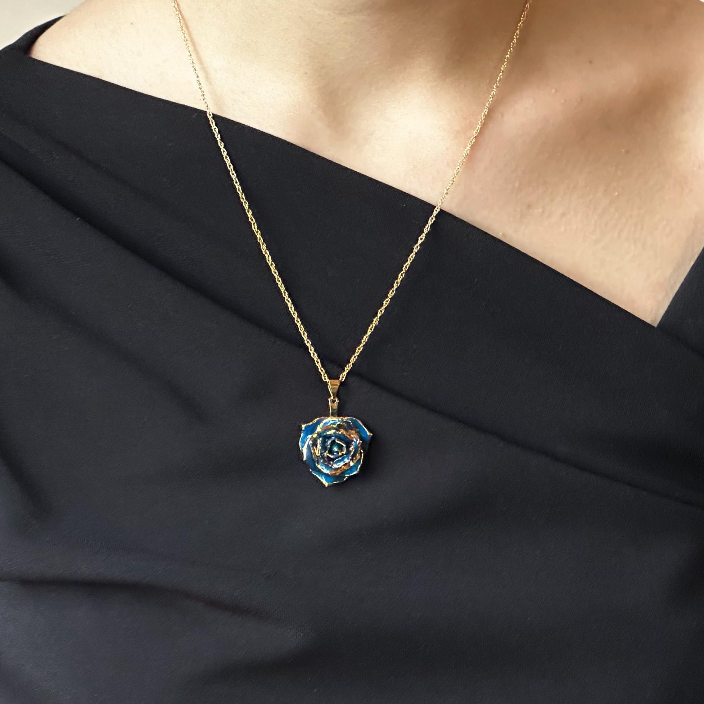 Eternal Necklace by Eternal Rose 24k Gold Dipped Forever Rose Necklace - (Blue Velvet)