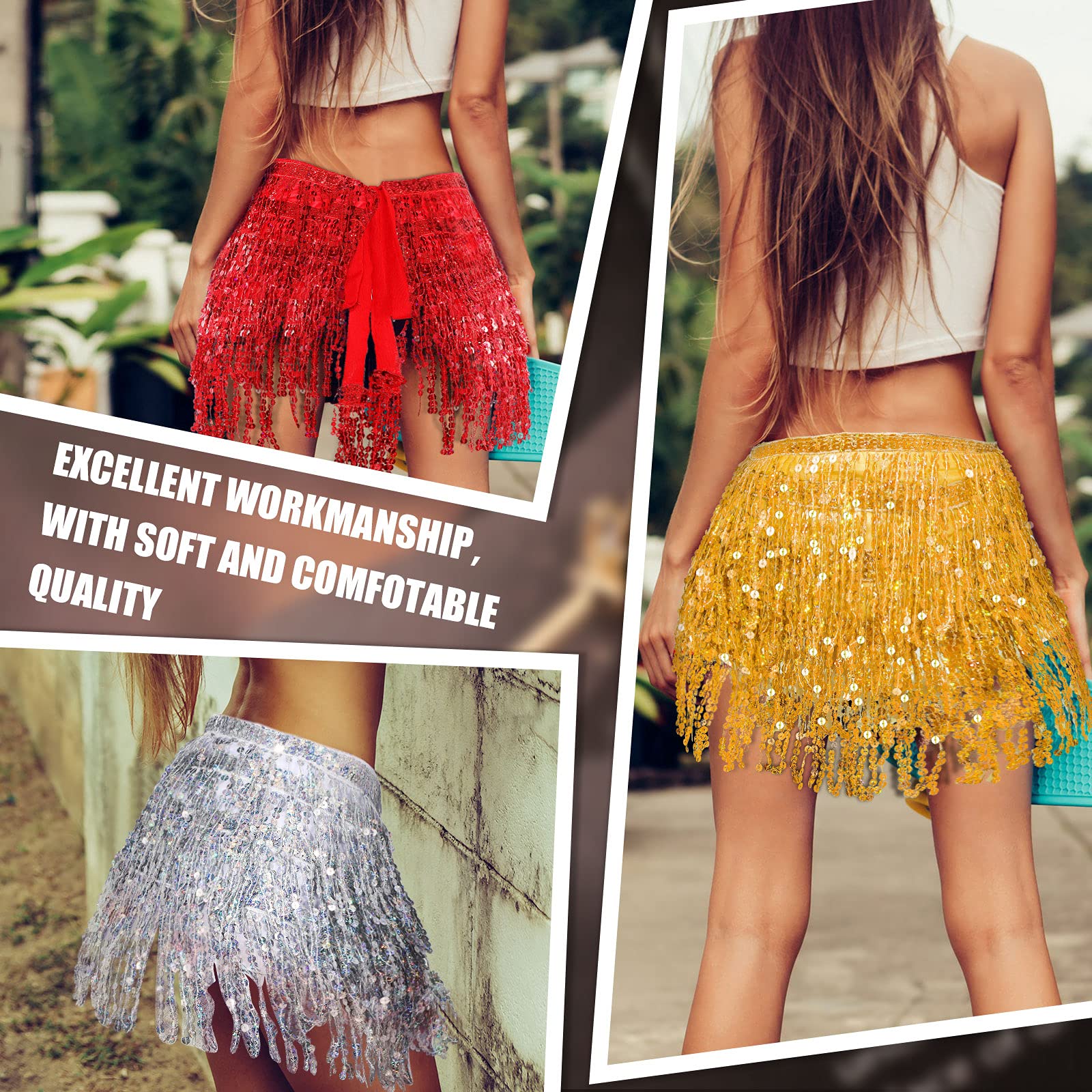 Sequin Fringe Skirts Belly Dance Skirt Festival Tassel Skirt Hip Scarf Wrap Outfit Costumes for Women and Girls (Silver, Gold)