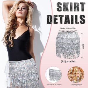 Sequin Fringe Skirts Belly Dance Skirt Festival Tassel Skirt Hip Scarf Wrap Outfit Costumes for Women and Girls (Silver, Gold)