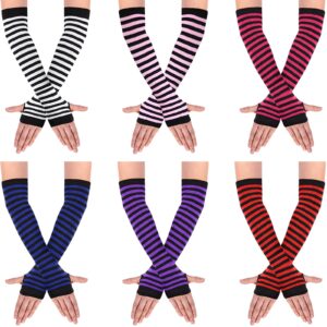 satinior 6 pairs long fingerless gloves for women knit thigh high striped arm warmer thumb hole stretchy gloves(bright color)