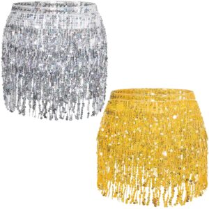 sequin fringe skirts belly dance skirt festival tassel skirt hip scarf wrap outfit costumes for women and girls (silver, gold)