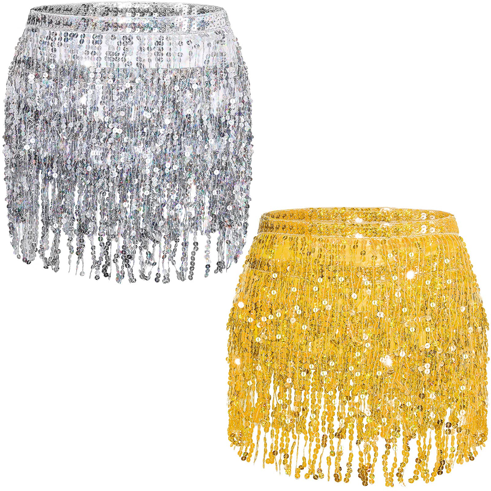 Sequin Fringe Skirts Belly Dance Skirt Festival Tassel Skirt Hip Scarf Wrap Outfit Costumes for Women and Girls (Silver, Gold)