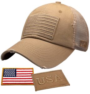 antourage american flag unconstructed hat for men and women twill mesh snapback baseball usa flag cap + 2 patriotic patches ((10) khaki distressed mesh snapback)