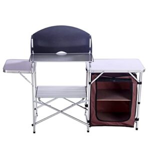 CAMP SOLUTIONS Camp Kitchen Table with Storage Organizer, Outdoor Cooking Table, Grill Tables for Outdoor,Portable Aluminum Windscreen Hooks for BBQ, Party (White)